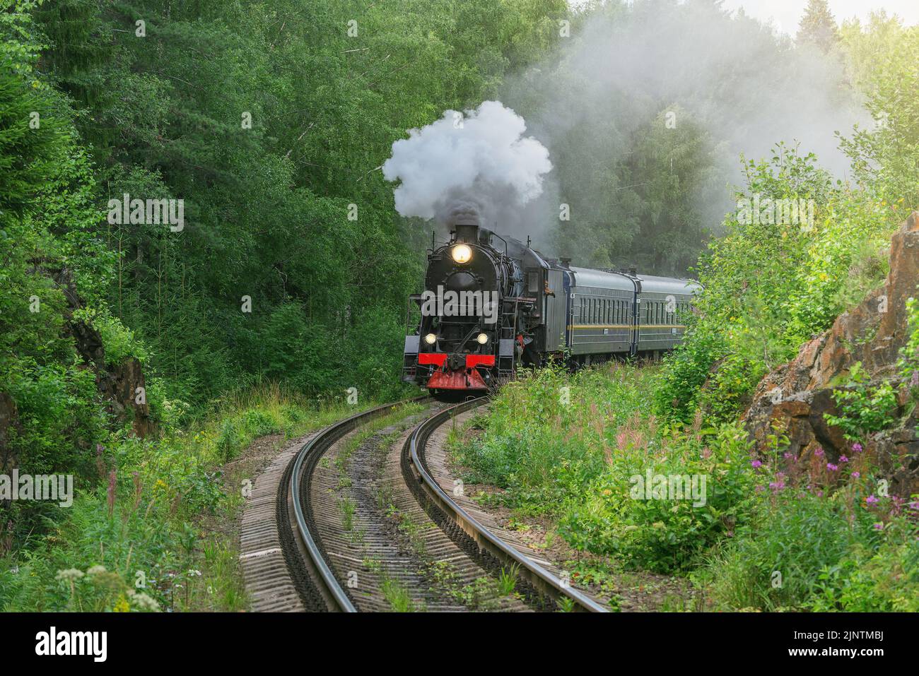 Retro steam train approaches to the station Stock Photo - Alamy