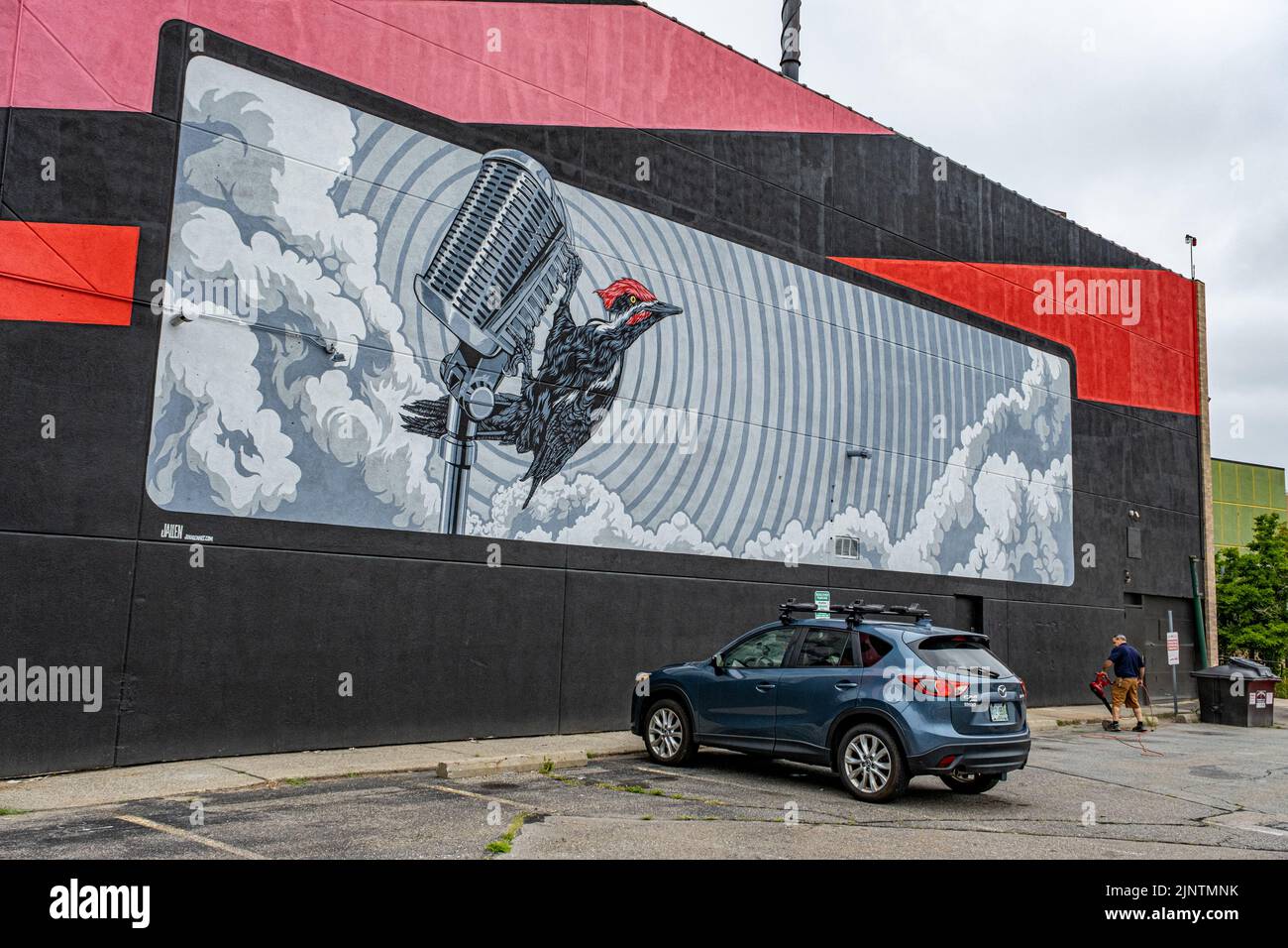 Buildings in downtown Fitchburg, Massachusetts - a large mural painted ...