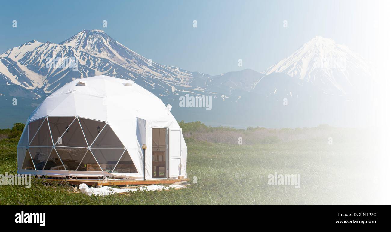 The Glamping house and volcano, rural landscape, tent houses in ...