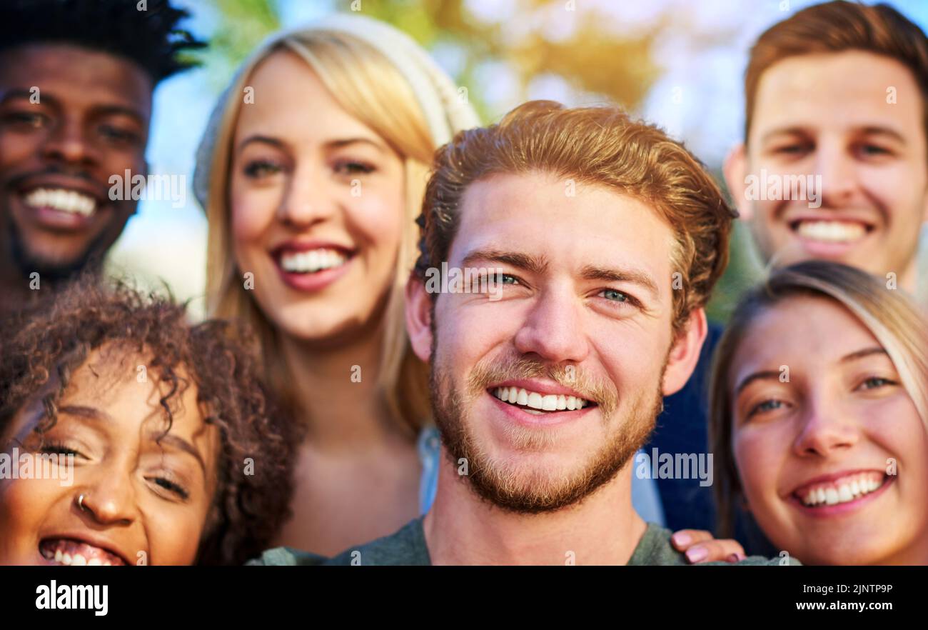The best crew on campus. Portrait of a group of students hanging out ...