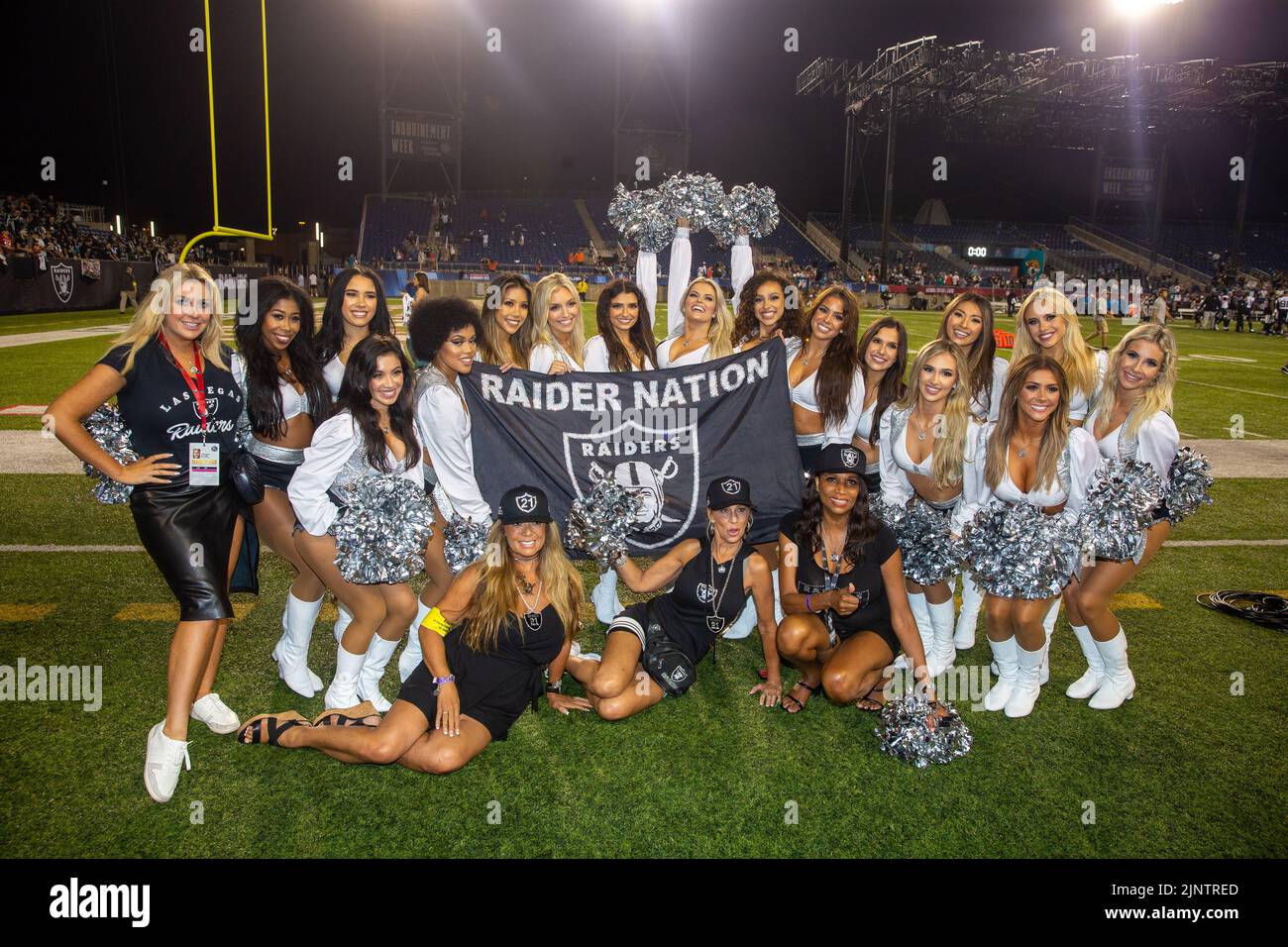 Las Vegas Raiders cheerleaders "The Raiderettes" pose after after the ...