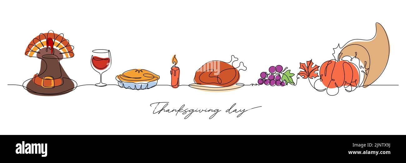 continuous line drawing of thanksgiving celebration table vector ...
