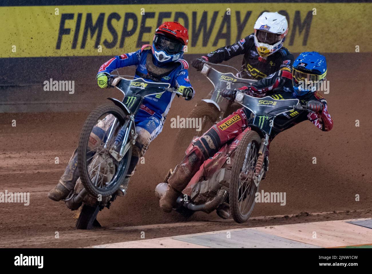 Leon Madsen of Denmark (red), Max Fricke of Australia (blue) and Maciej ...