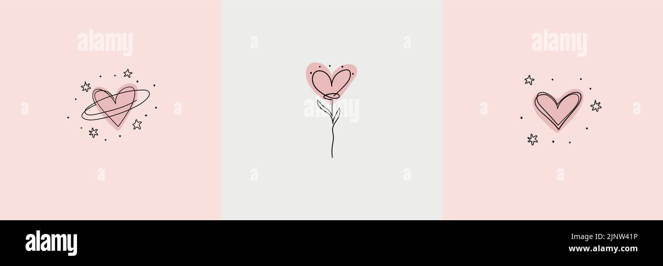 Delicate banner with pink hearts, boho line drawing, valentine s day ...