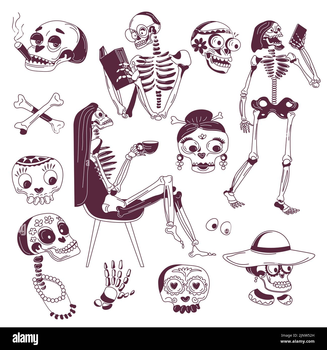 Skeleton sketches, characters man and woman vector Stock Vector Image ...