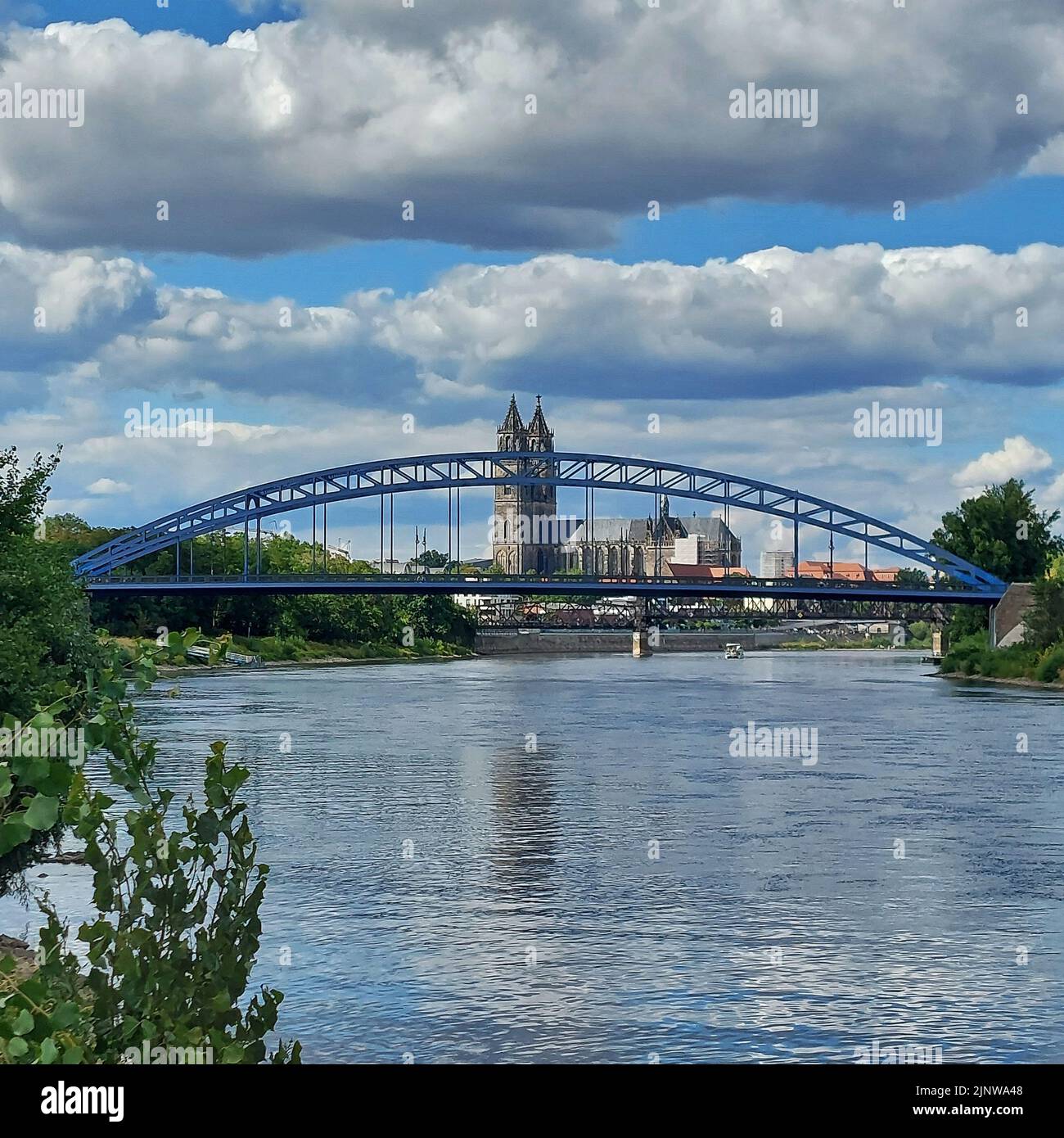 View to the city of Magdeburg, with the Sternbruecke (lit. star bridge ...