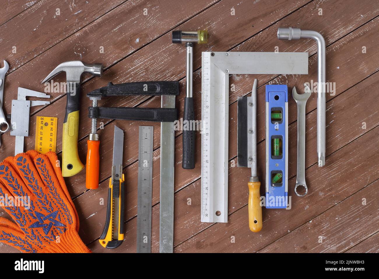 Top view tools building and repair set on a wooden background Stock ...