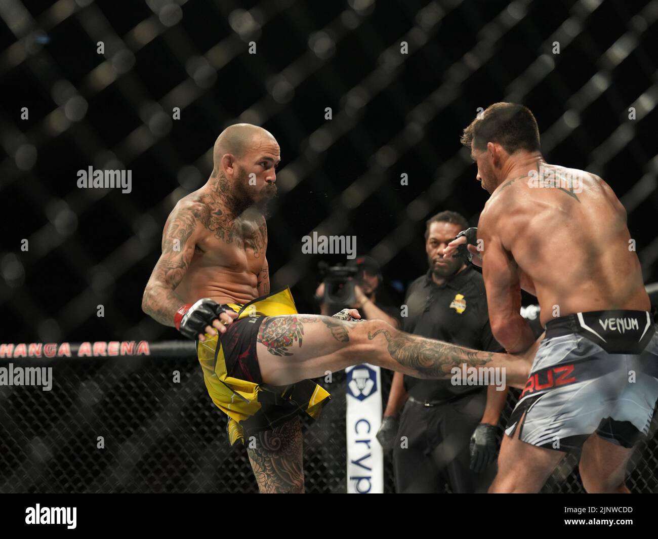 SAN DIEGO, CA - AUGUST 13: (L-R) Marlon Vera kicks Dominic Cruz in ...