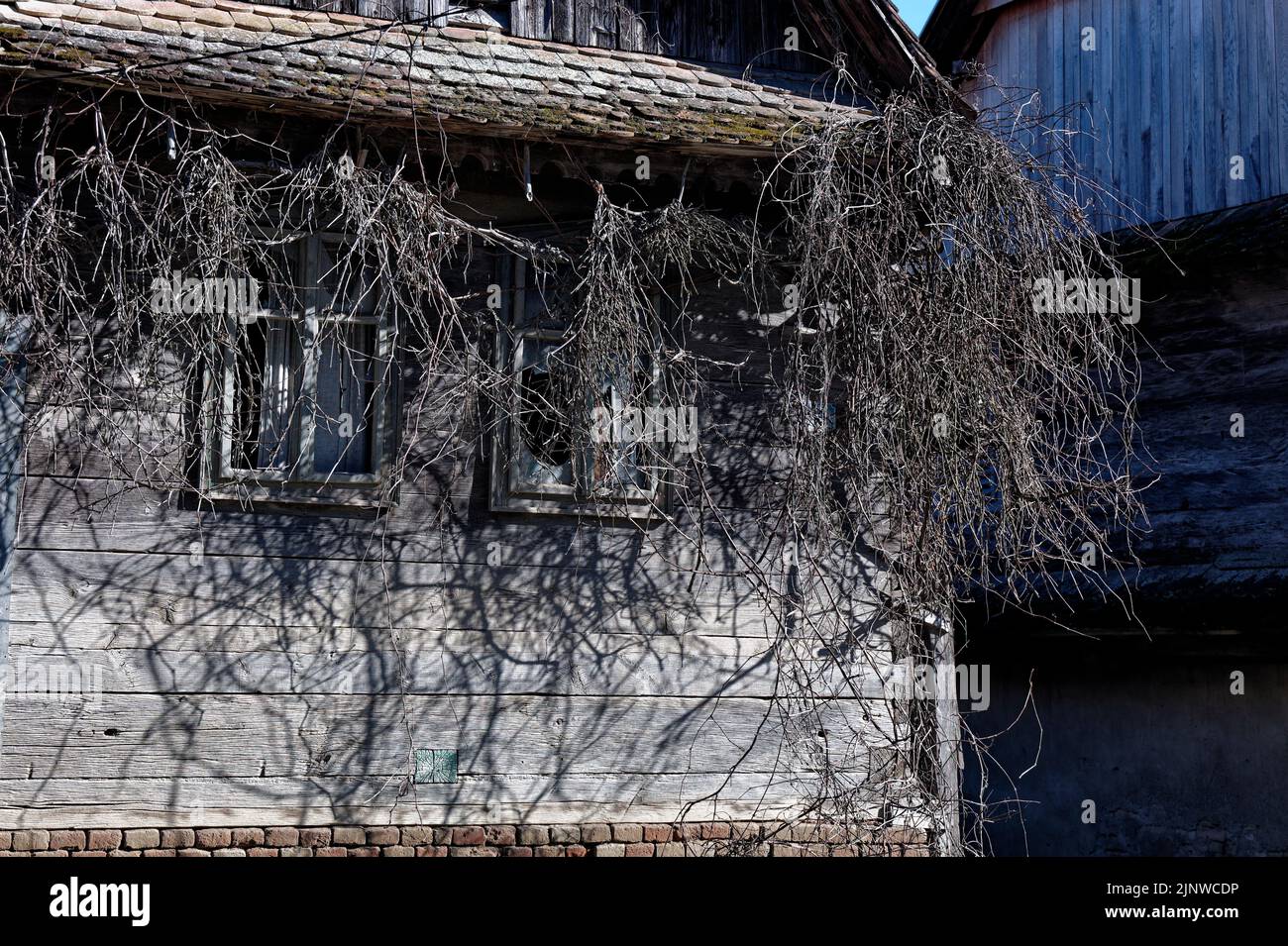 An old abandoned wooden farmhouse with broken window panes, which is ...