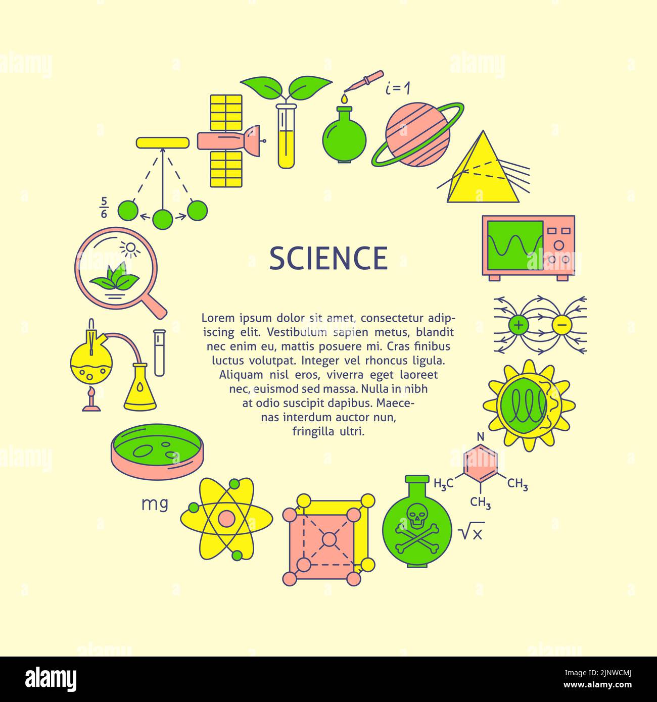 Science round banner in colored line style. Poster template with ...