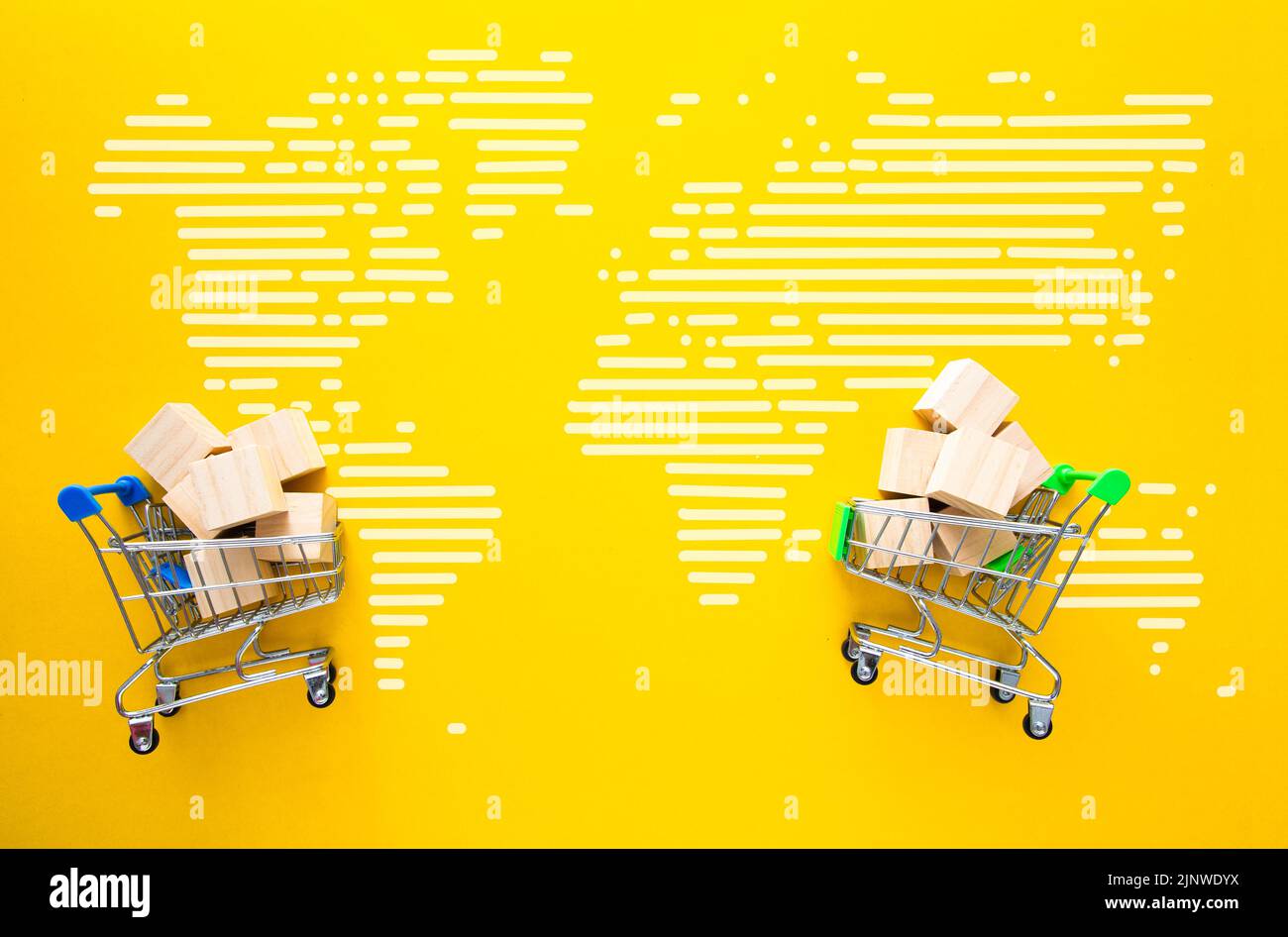 The concept of logistics and delivery of goods. Trolleys with boxes of ...