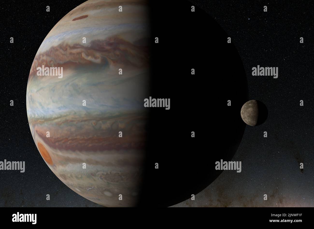 Callisto moon with Jupiter in the solar system - 3d illustration ...