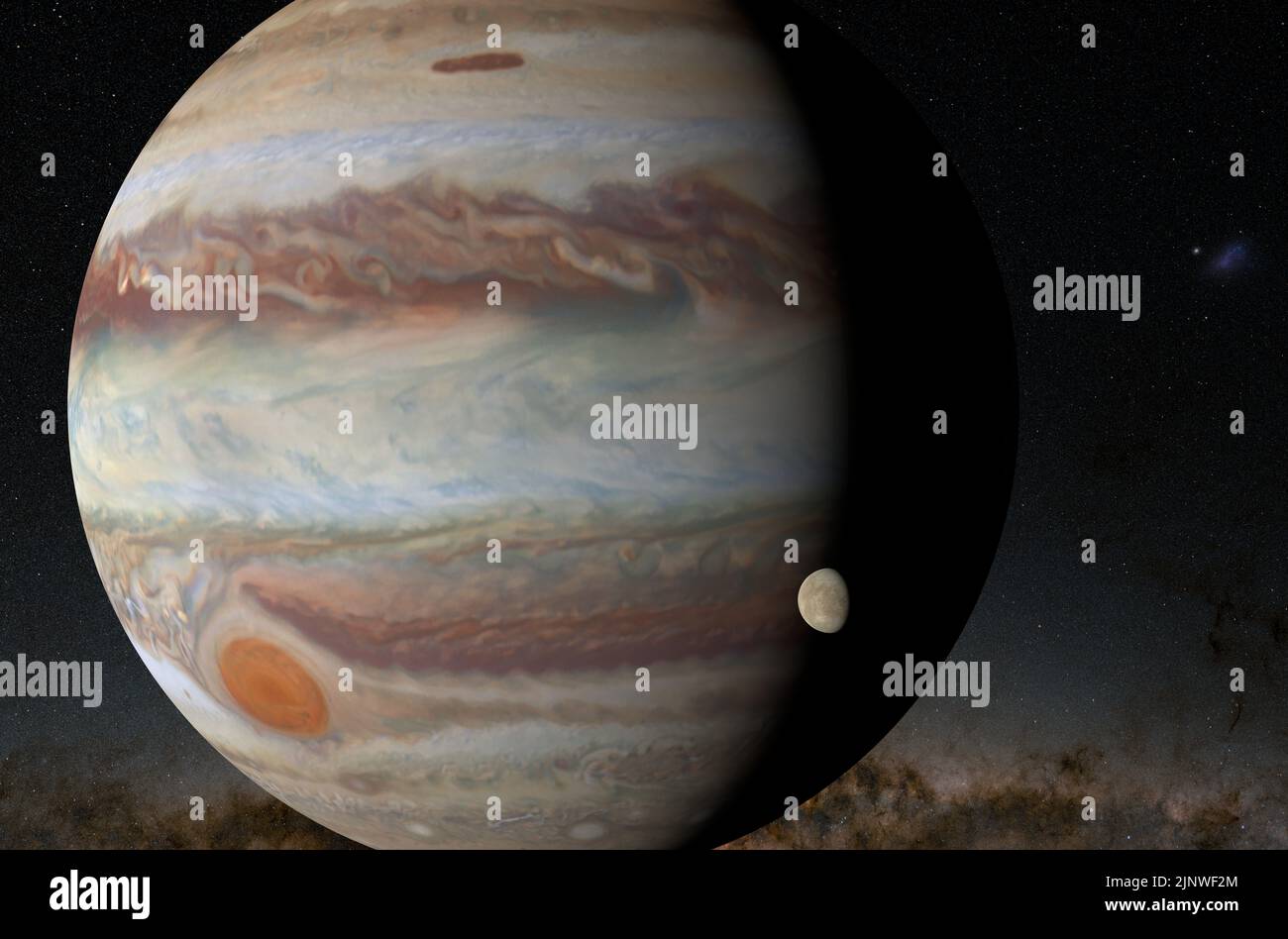 Europa moon with Jupiter in the solar system - 3d illustration, closeup ...