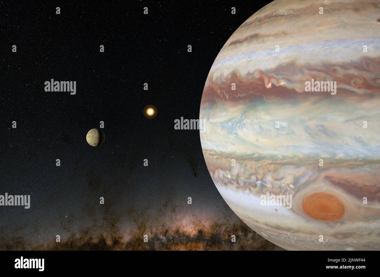 Io moon with Jupiter planet in the solar system - 3d illustration ...