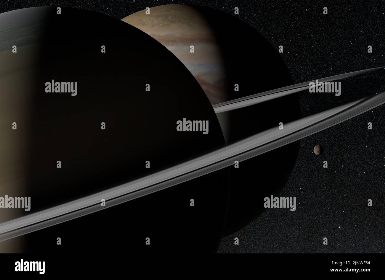 Saturn and Jupiter back view in the solar system - 3d illustration ...