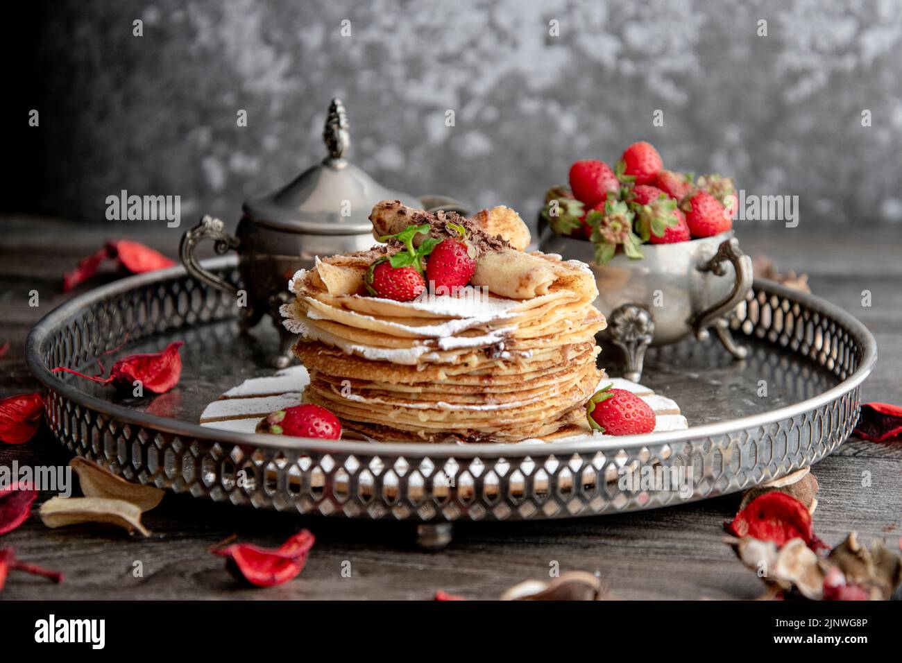 Pancakes Dessert, french pancakes, cocoa, sugar, powdered sugar ...