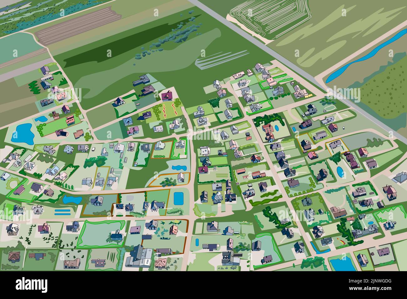 Village aerial view.Landscape with houses,fields, way and trees.Country ...