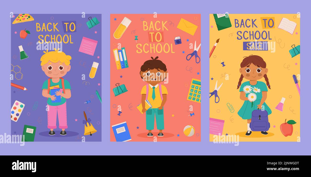 Set of Back to school banner design with colorful funny school ...