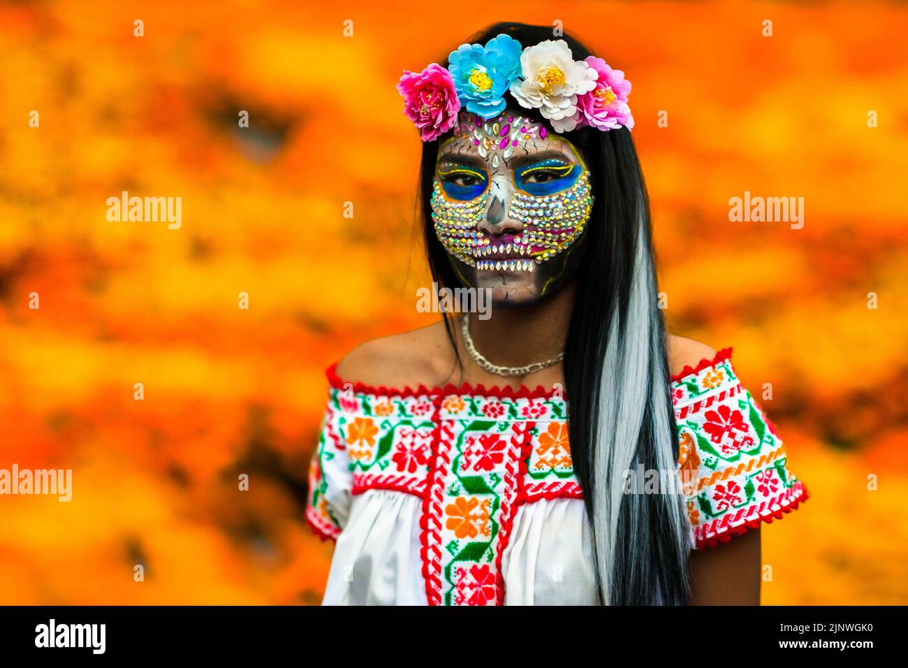 A Mexican girl, dressed as La Catrina and wearing face gems makeup ...
