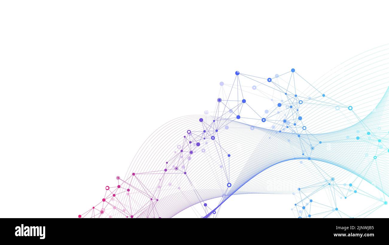 Digits abstract illustration with connected line and dots, wave flow. Digital neural networks ...