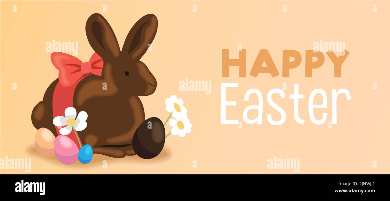 Chocolate easter bunny with easter eggs vector illustration banner and ...