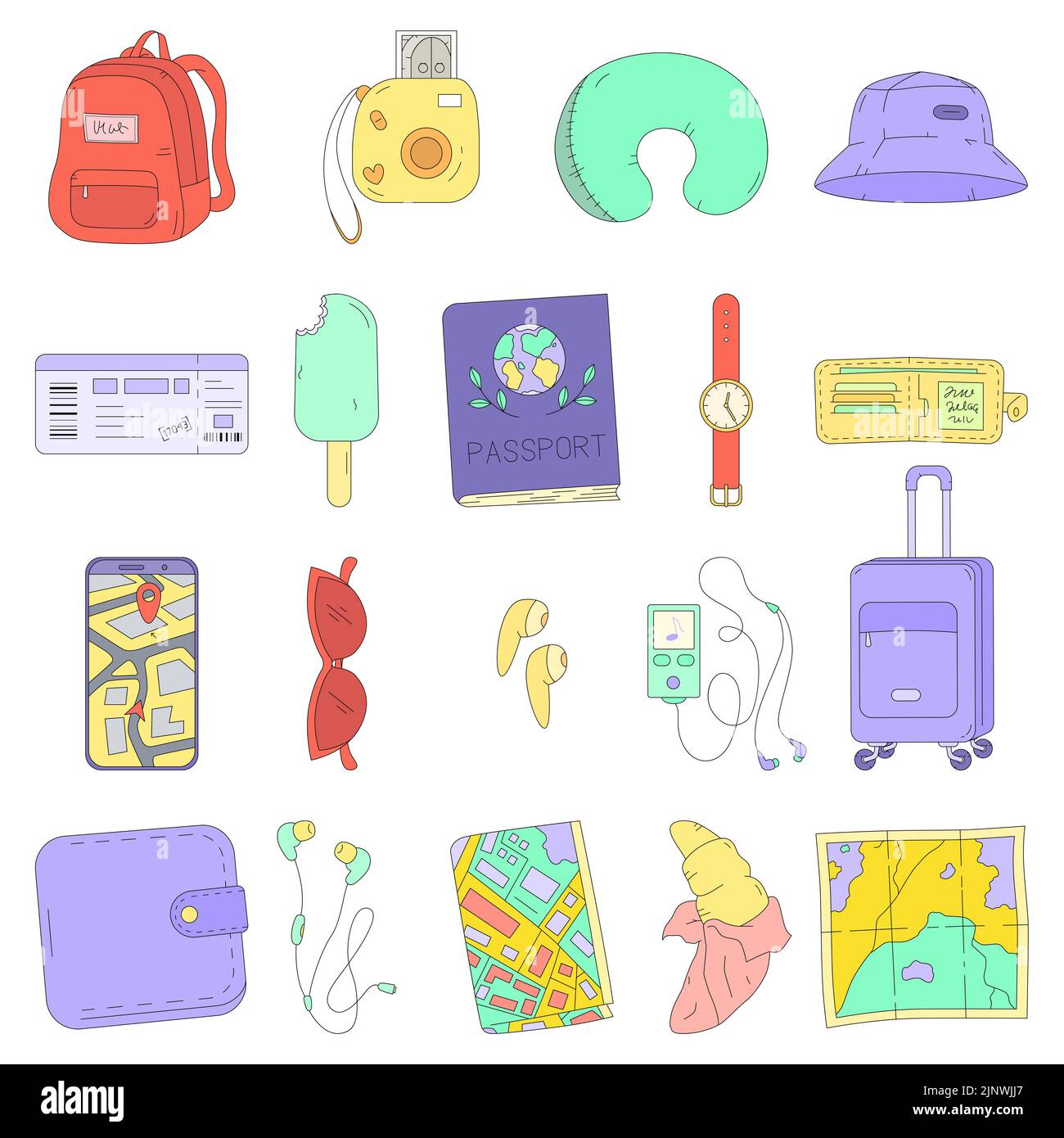A set of tourist items. Colorful vector illustration in cartoon style ...