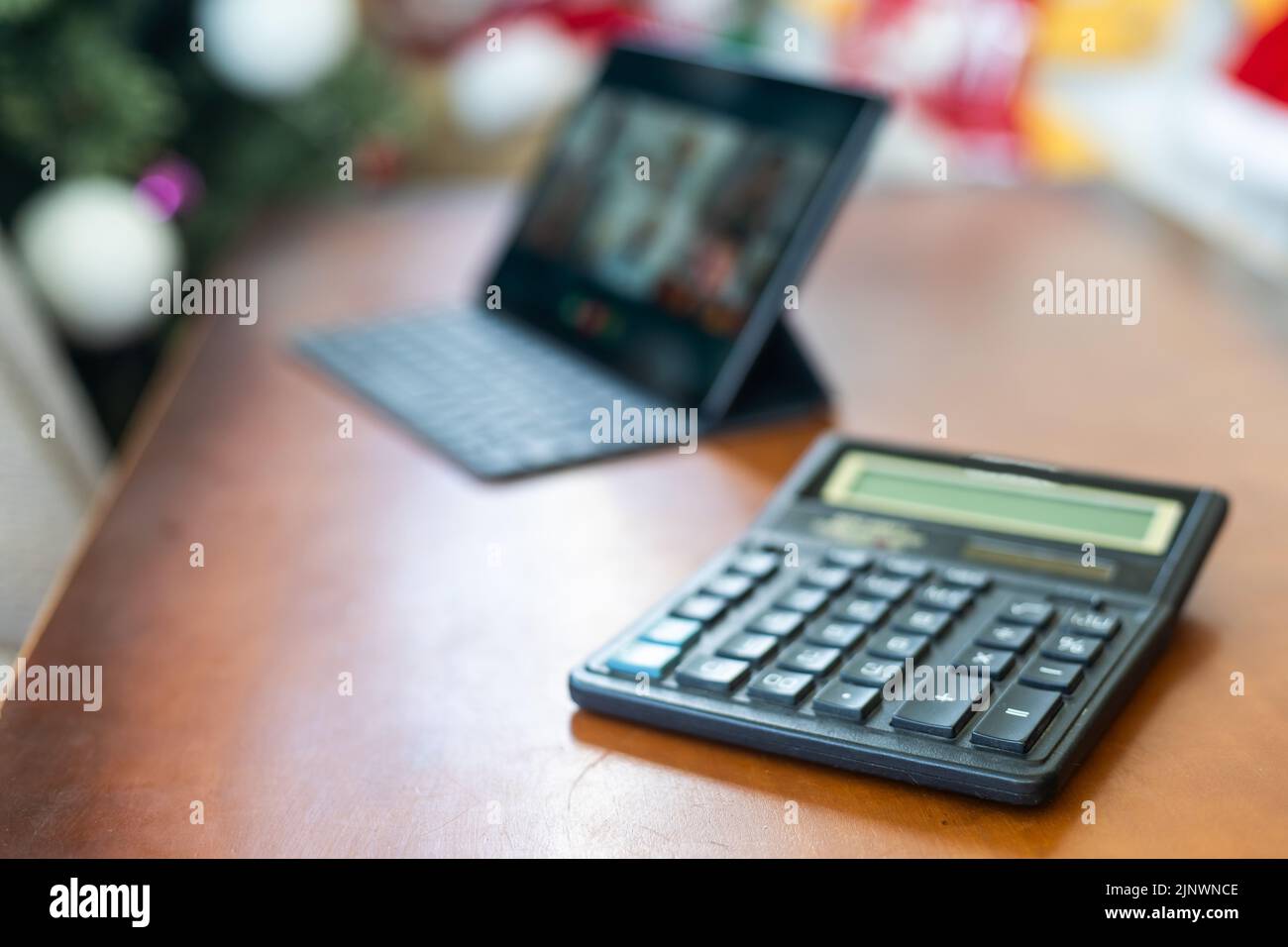 christmas ball christmas, calculator, tablet Stock Photo - Alamy