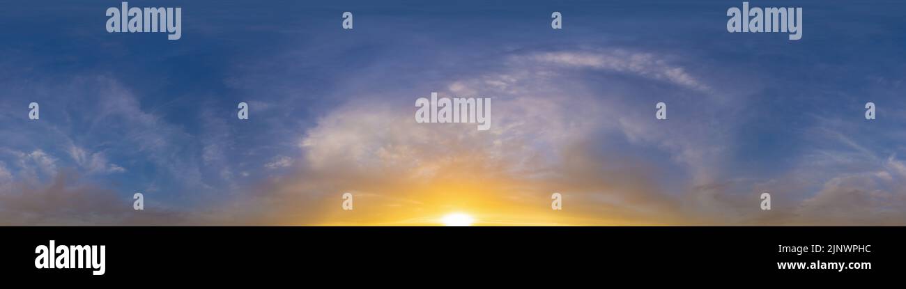 Golden glowing sunset sky panorama with Cirrus clouds. Hdr seamless ...