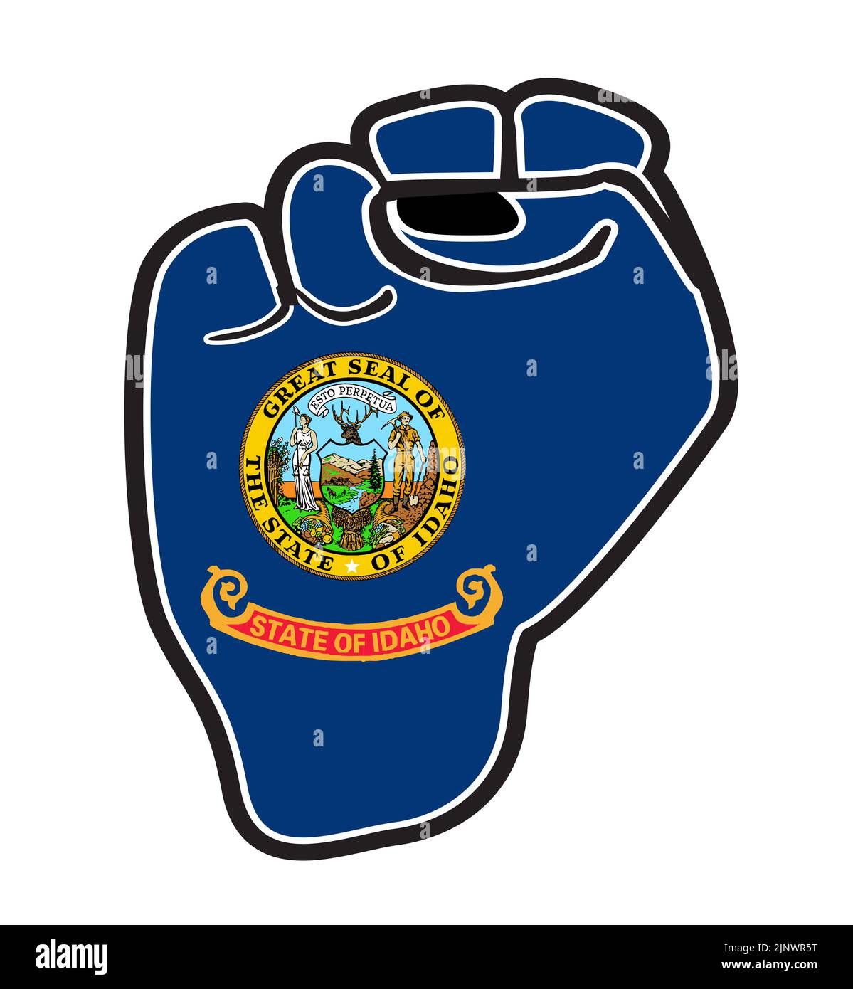 A black outline power fist over the Idaho state flag icons isolated on ...