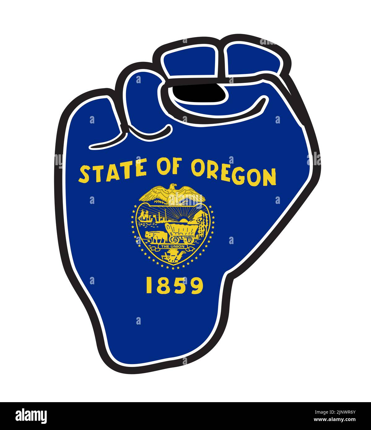 A black outline power fist over the Oregon state flag icons isolated on ...