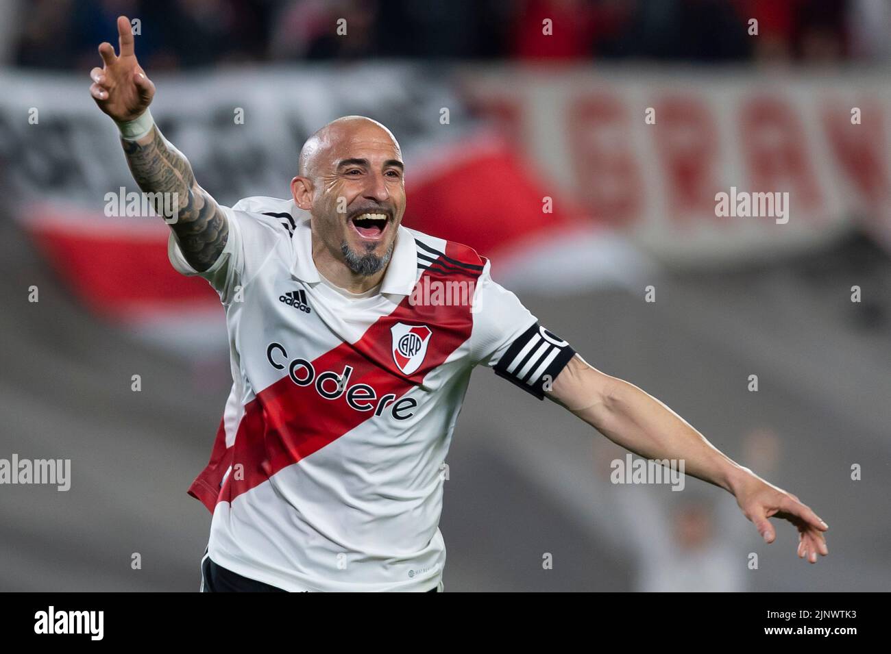 Javier Pinola of River Plate celebrates after scoring a goal during the ...