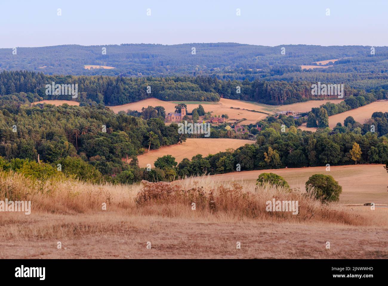 Panoramic view of countryside, church and farm buildings from Newlands ...