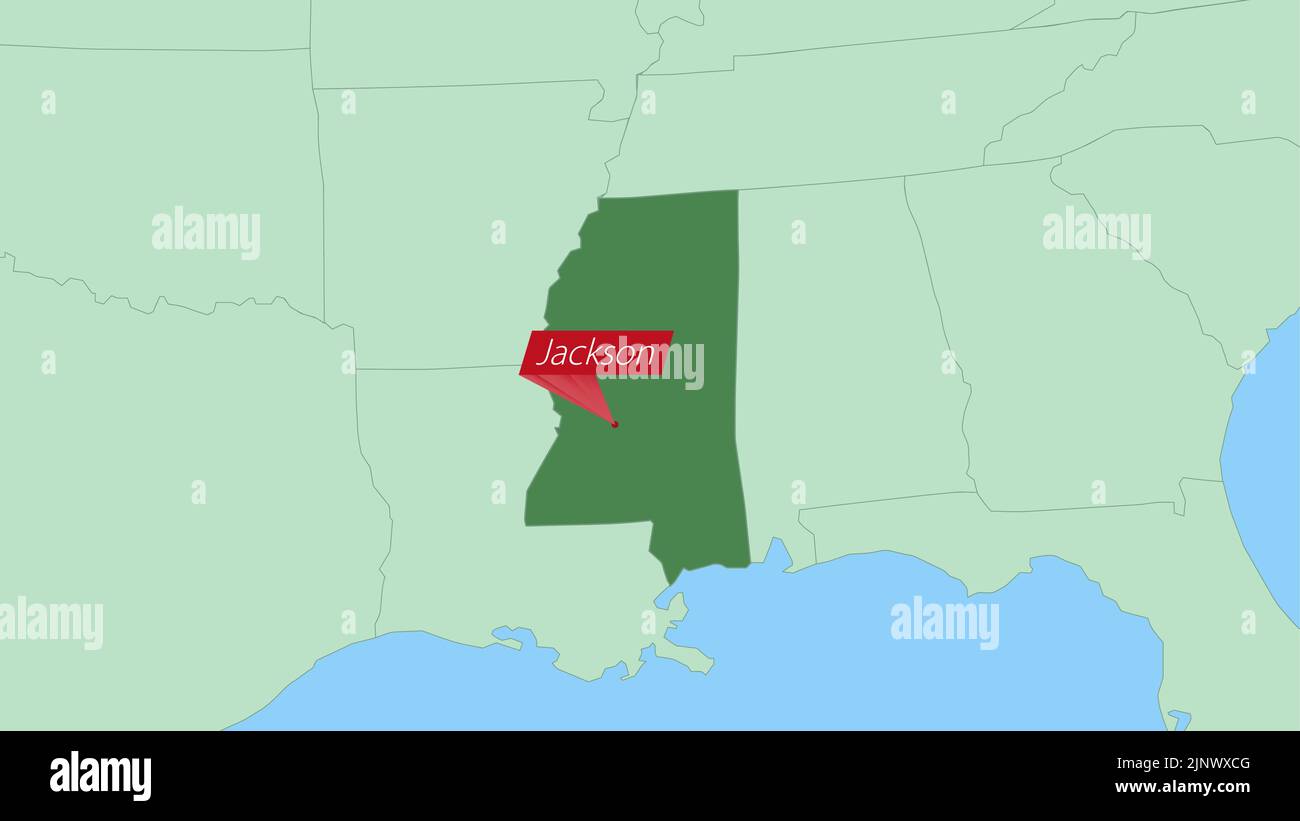 Map of Mississippi with pin of country capital. Mississippi Map with ...