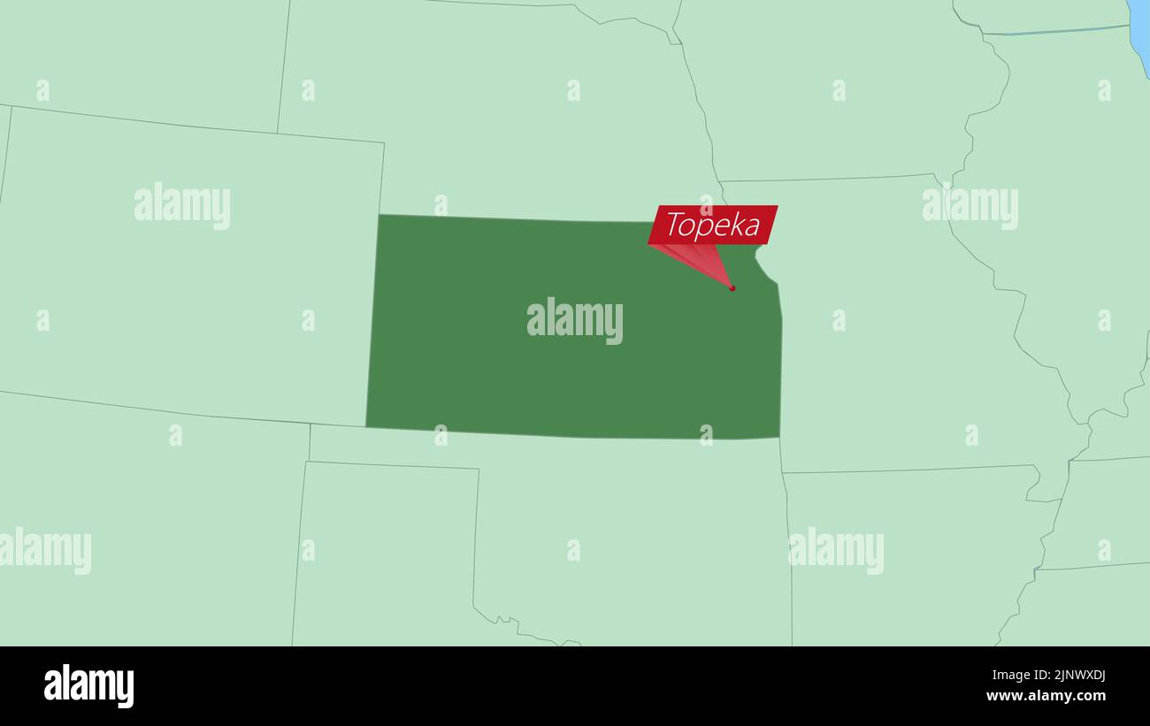 Map of Kansas with pin of country capital. Kansas Map with neighboring ...