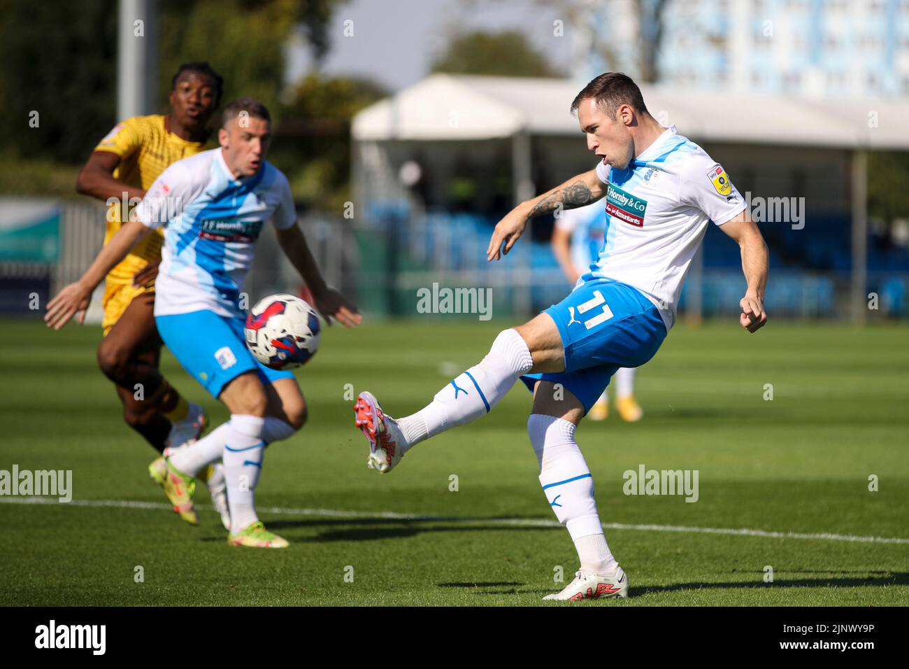 Josh Kay of Barrow AFC shoots towards goal during the Sky Bet League 2 ...