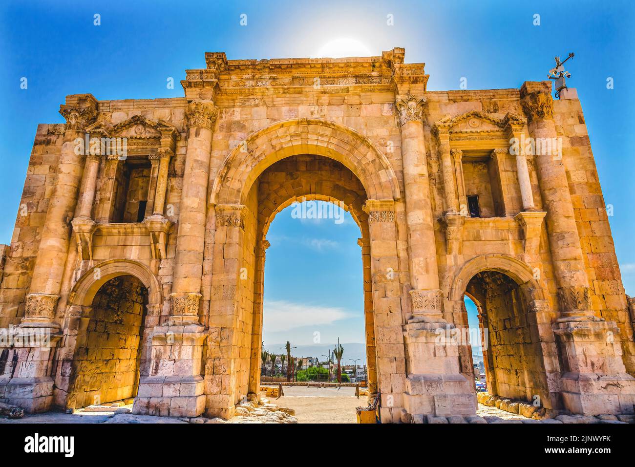Hadrian's Arch Gate Sun Ancient Roman City Jerash Jordan. Jerash 300 BC ...
