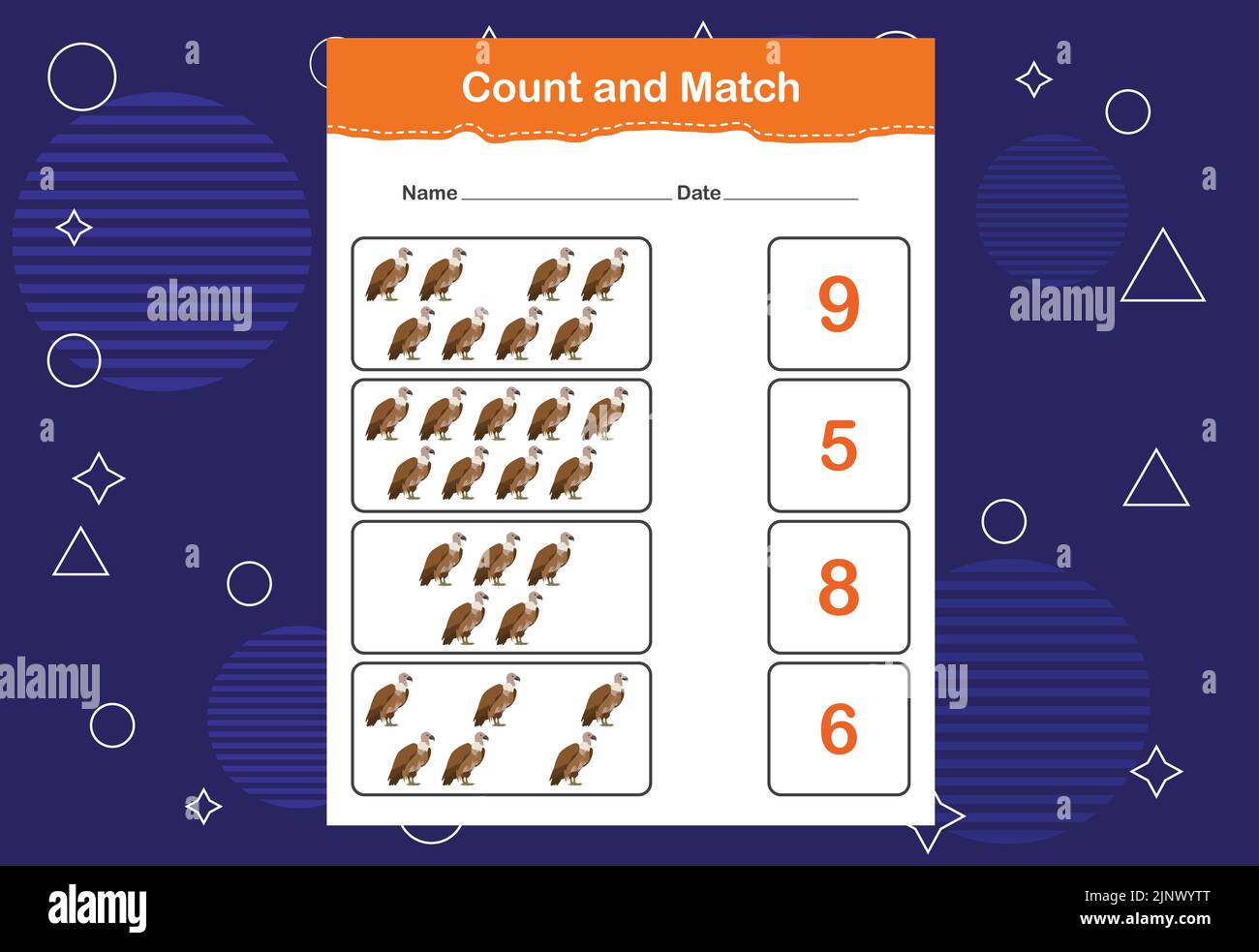 Count and match with the correct number. Count how many birds and choose the correct number ...