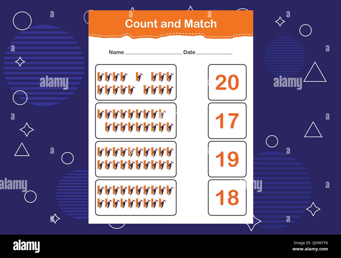 Count and match with the correct number. Count how many birds and choose the correct number ...