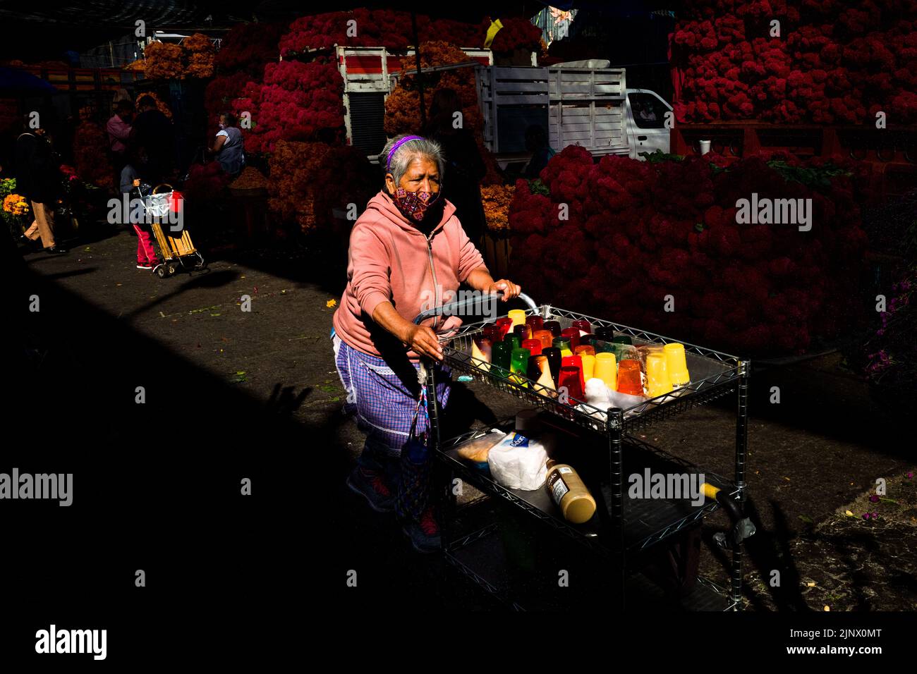 A Mexican street vendor carries her cart along the piles of marigold ...