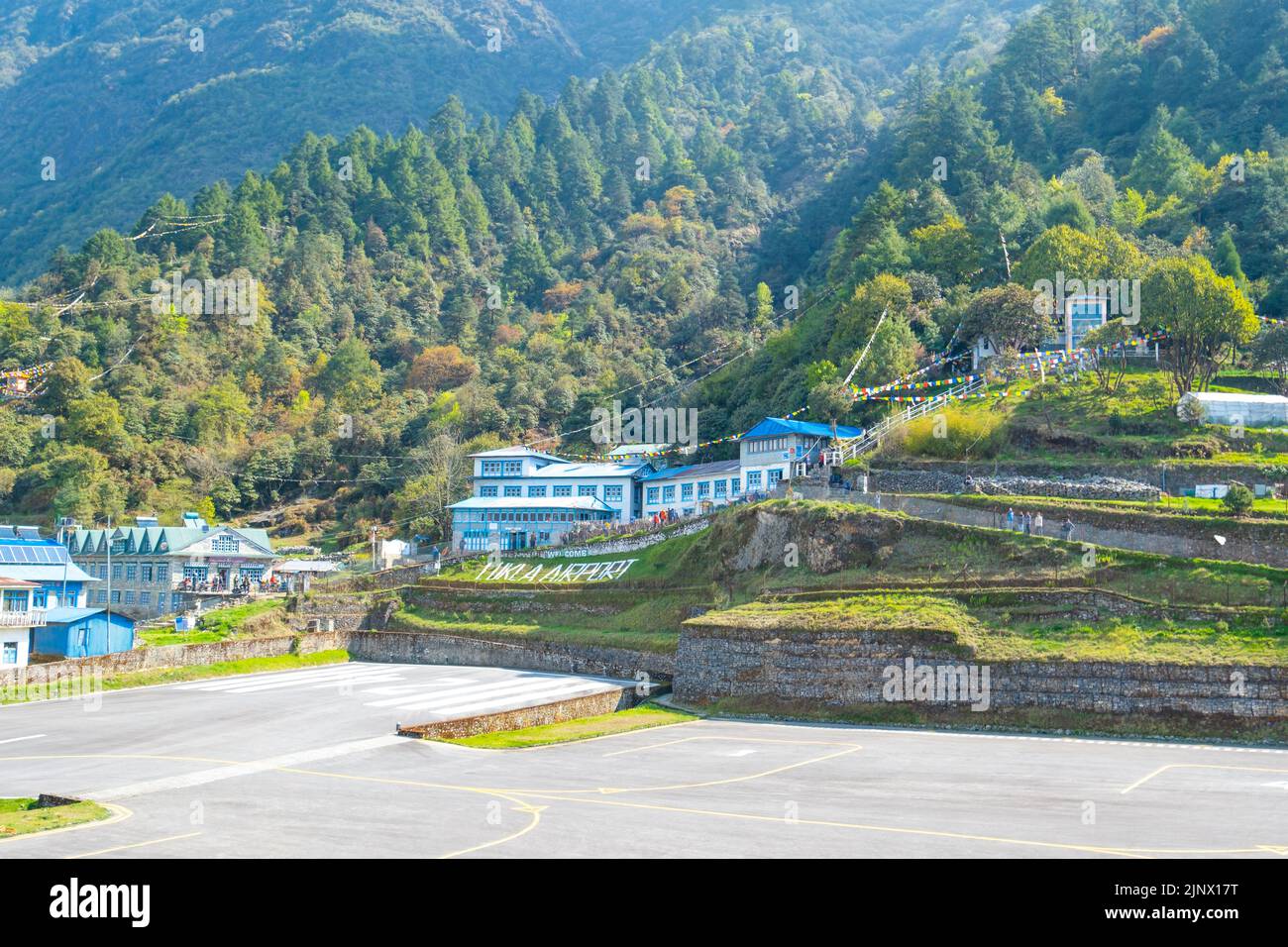 Lukla, Nepal - 21 Apr 2022: view of Lukla village and Lukla airport ...