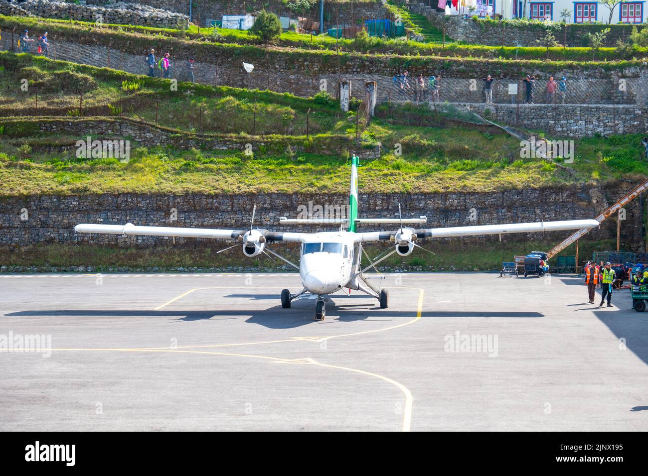 Lukla, Nepal - 21 Apr 2022: view of Lukla village and Lukla airport ...