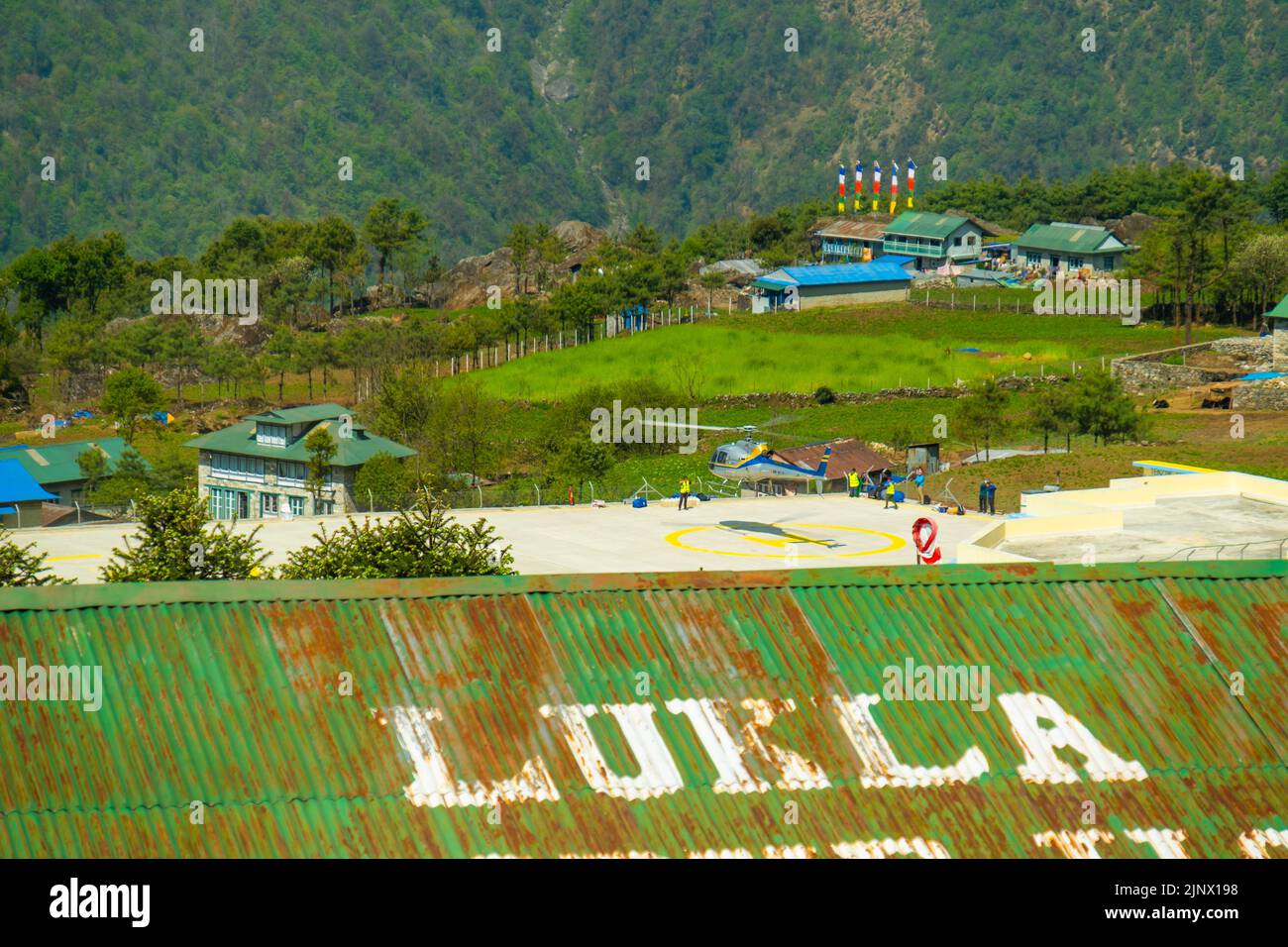 Lukla, Nepal - 21 Apr 2022: view of Lukla village and Lukla airport ...