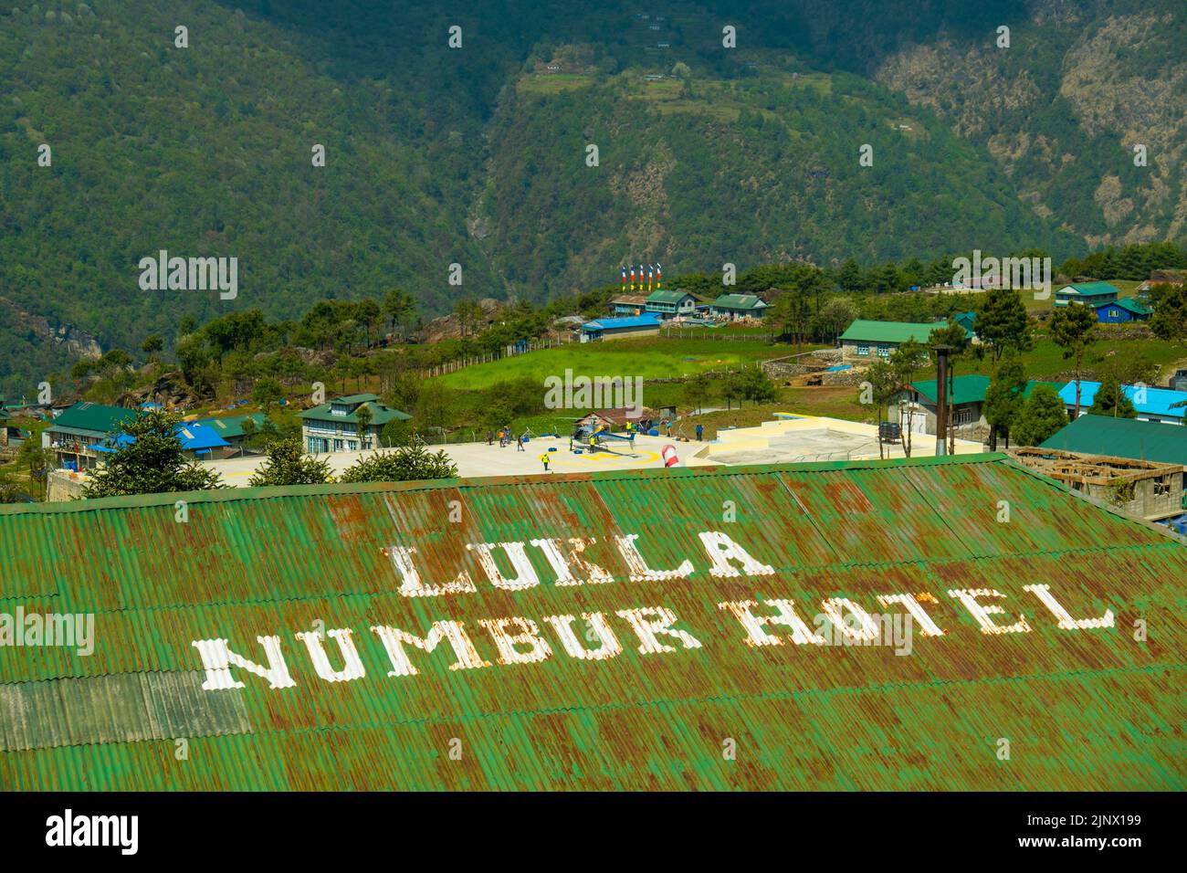 Lukla, Nepal - 21 Apr 2022: view of Lukla village and Lukla airport ...