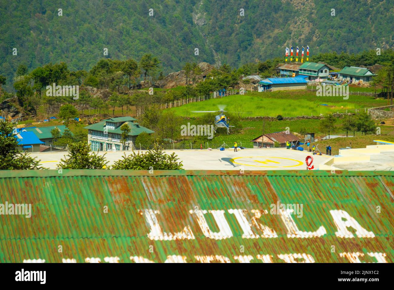 Lukla, Nepal - 21 Apr 2022: view of Lukla village and Lukla airport ...
