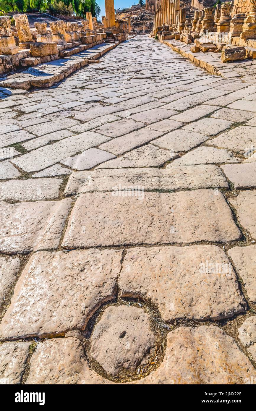 Ancient Roman Road With Sewage System Roman City Jerash Jordan. Most ...