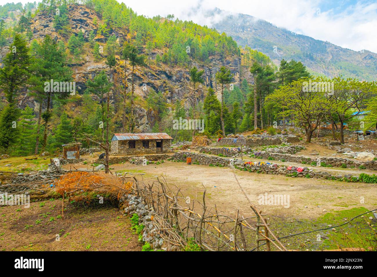 view of village in the Himalayan mountains of Nepal. Nature and travel ...