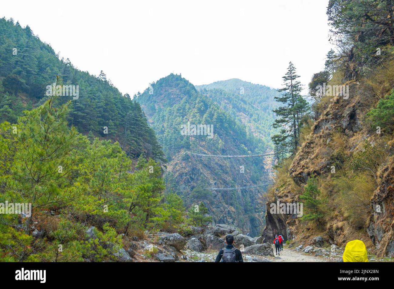 Hikers on the way to Tenzing-Hillary Suspension Bridge, the bridge ...