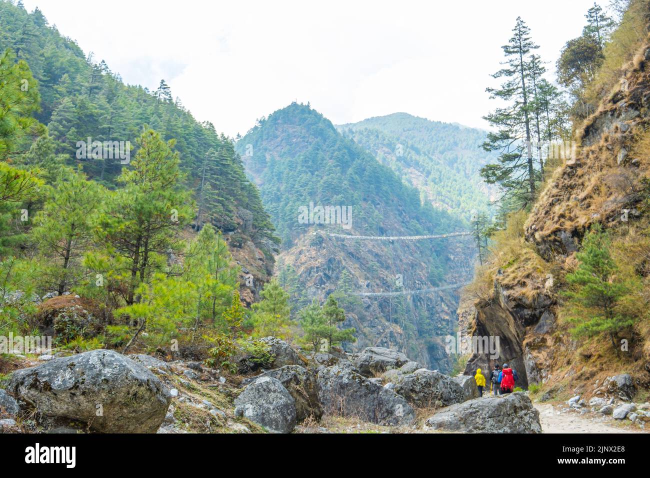 Hikers on the way to Tenzing-Hillary Suspension Bridge, the bridge ...