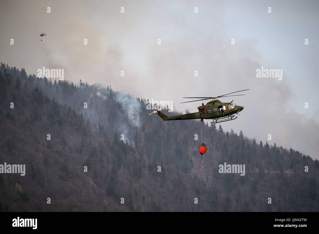 Wildfire firefighting in forest with helicopter carrying a water bucket ...
