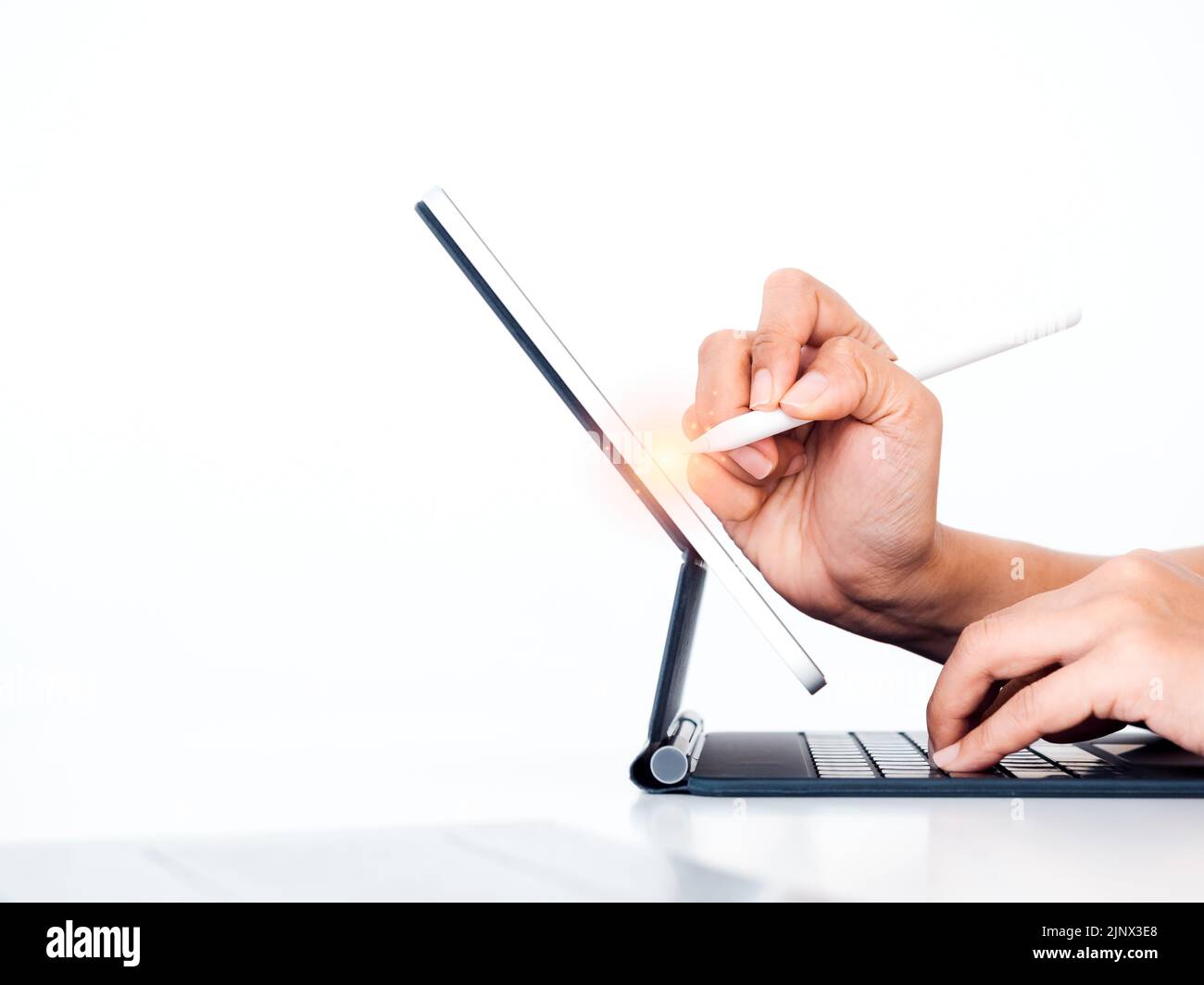 Electric pencil in business person's hand, writing or drawing on ...